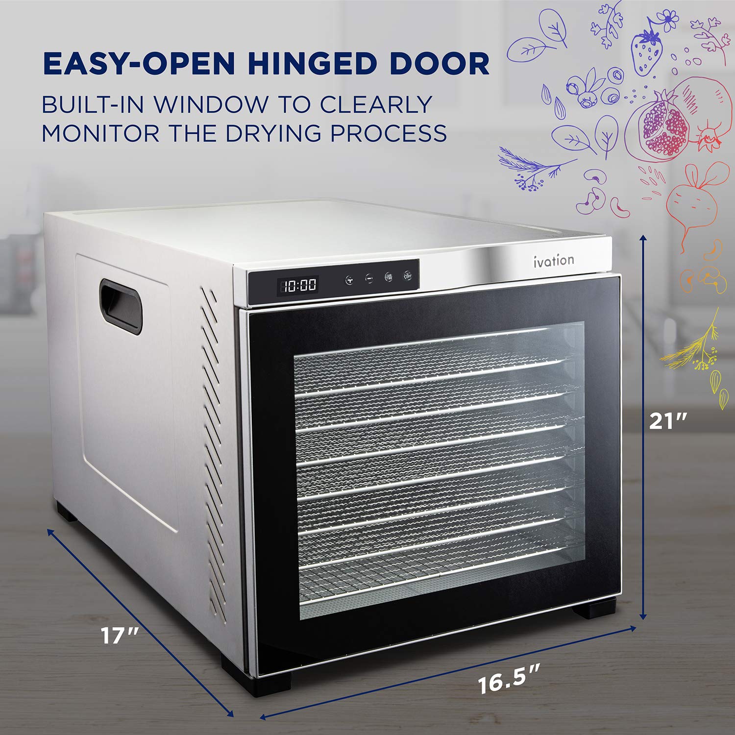 Ivation 6 Tray Commercial Food Dehydrator Machine |600w, Easy Setup, Digital Adjustable Timer and Temperature Control | Dryer for Jerky, Herb, Meat, Beef, Fruit and To Dry Vegetables | Stainless Steel