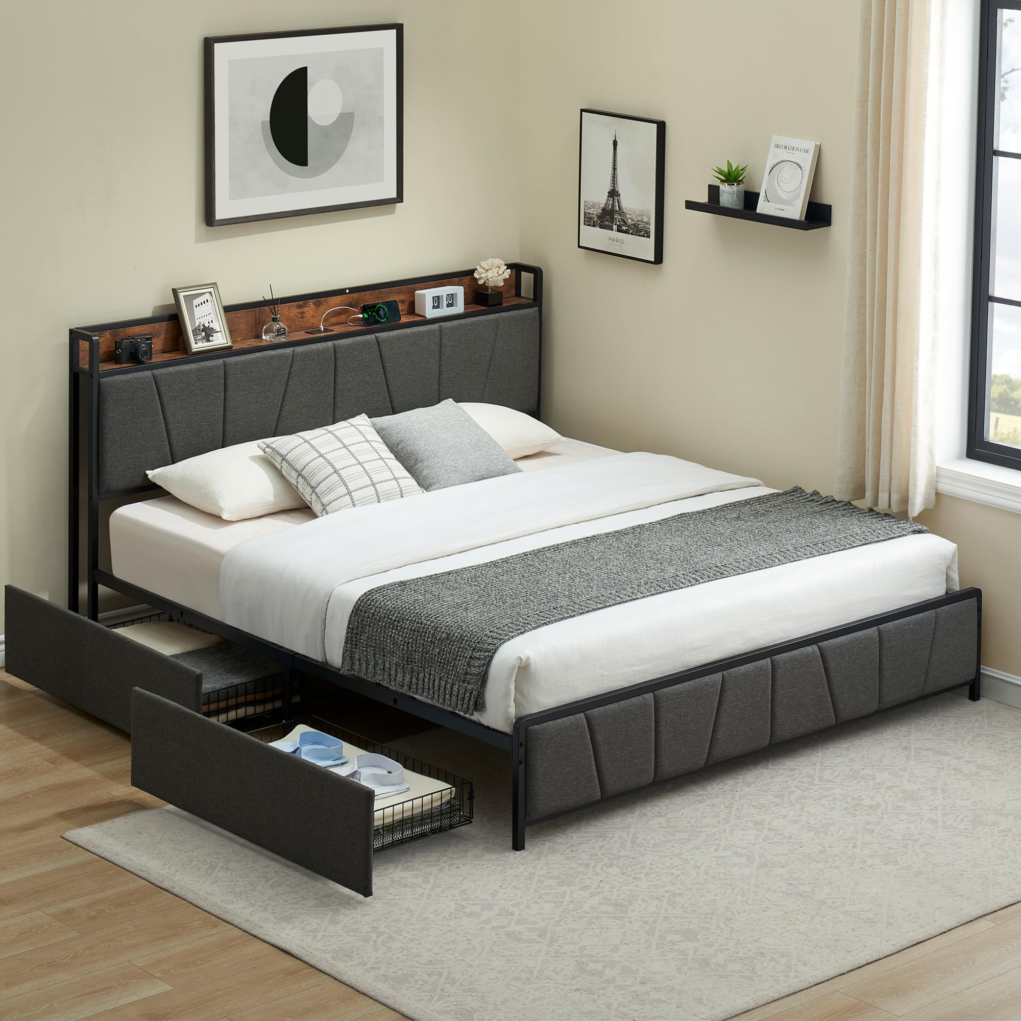 GAOMON King Size Bed Frame with Storage Headboard and 2 Drawers, Linen Upholstered Platform Bed Frame with Charging Station, Heavy Duty, No Box Spring Needed, Easy Assembly, Noise Free, Grey&Brown