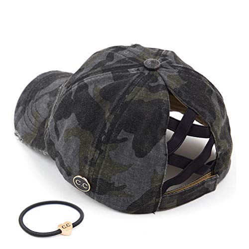 C.C Washed Denim Criss-Cross Ponytail Cap Epoxy Button for face mask (Face Mask not Included) (BT-799) (Black Camo)