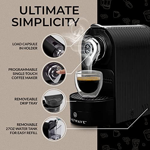 ChefWave Espresso Machine Compatible with Nespresso Coffee Capsules (Black), Pod Holder, Cups and Descaling Powder Bundle (2 Items)
