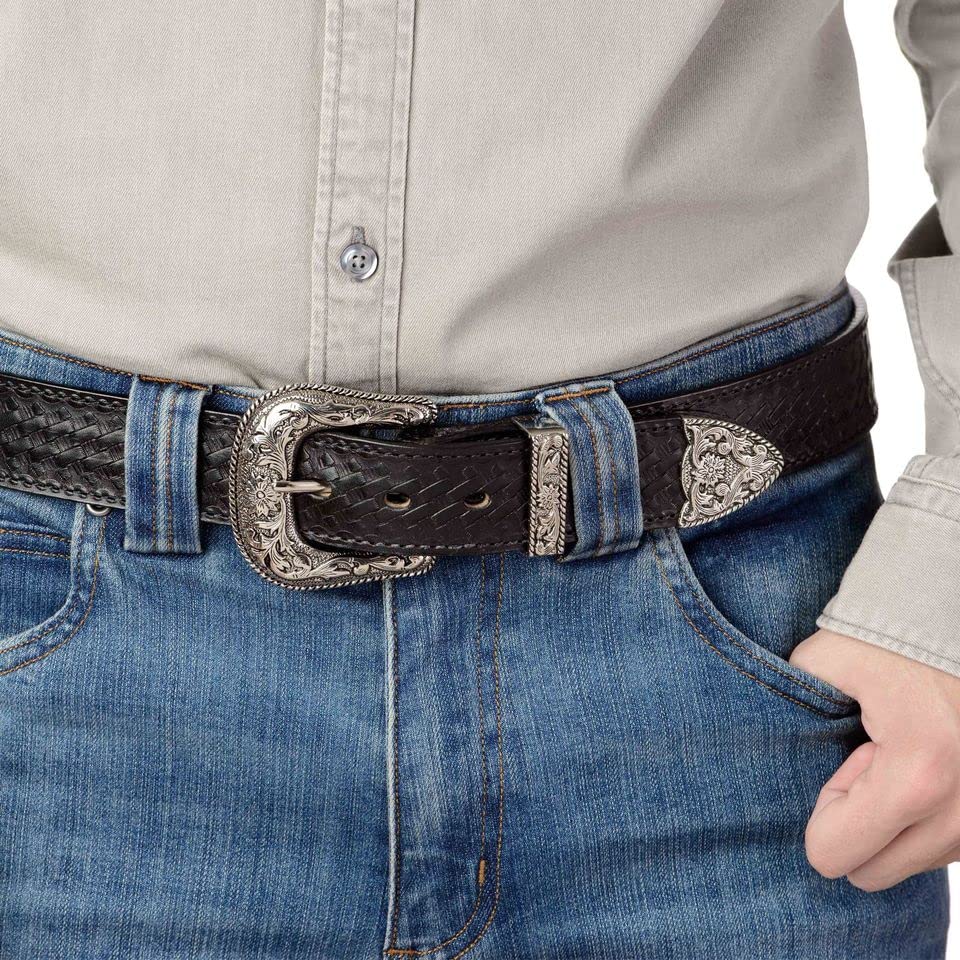 BullhideBelts.com Men's Leather Basket Weave Western Belt, 1.5” Wide, Black, 38“