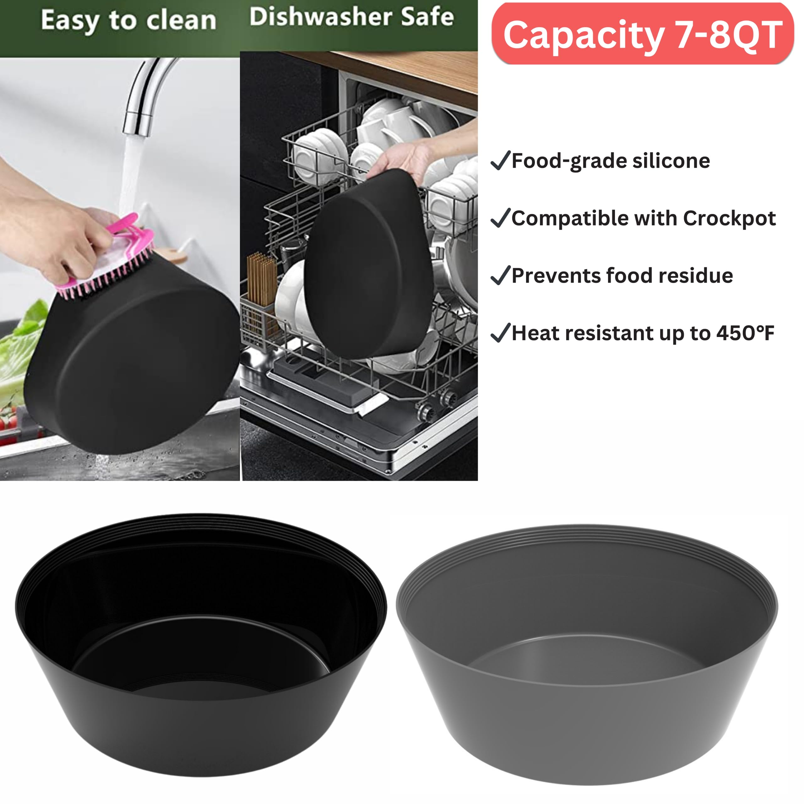 Crock Pot Liners - Silicone Slow Cooker Liners Compatible with 8 QT Crockpots - Reusable, Easy to Wash, Dishwasher and BPA Free - Black