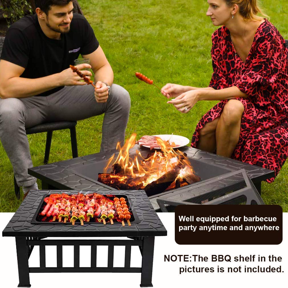 Fire Pit, 32” Outdoor Metal Fire Pit Table with Durable Steel Frame, Poker & Mesh Cover, Wood Burning Square Fireplace Backyard Patio Stove for Camping Picnic Bonfire BBQ, Black