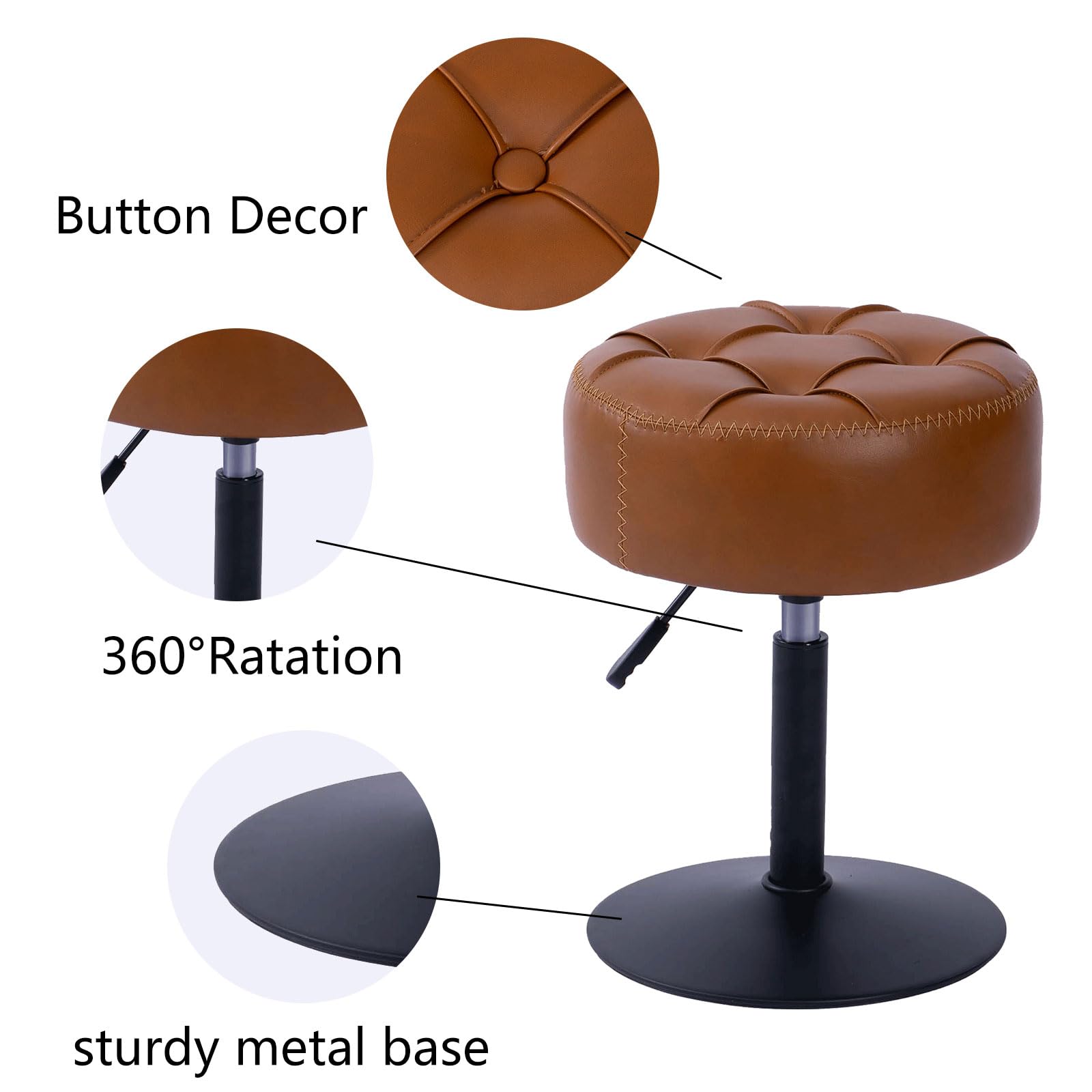 Durfii Adjustable 360° Swivel Vanity Stool with Faux Leather for Makeup Room, Bathroom, Living Room and Ottoman