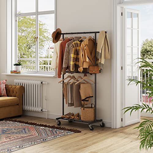 Gewudraw Clothing Garment Rack, Extendable Clothes Rack with Wheels, Bottom Shelves and Hooks, Double Rod Garment Rack Portable Closet Organizer, 64.4 inches