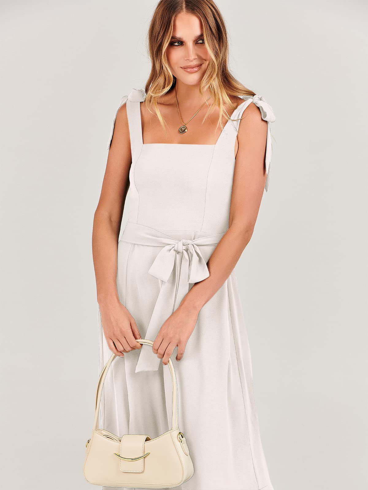 Caracilia Women's Square Neck Ruffle Split Midi Elegant Formal Wedding Guest Cocktail Bridesmaid Graduation Party Dresses White Small