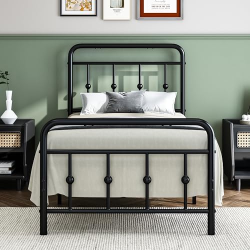 Catrimown Twin XL Bed Frame with Vintage Headboard and Footboard, Victorian Style, Wrought Iron, Under Bed Storage, No Box Spring Needed, Noise Free, Heavy Duty, Black