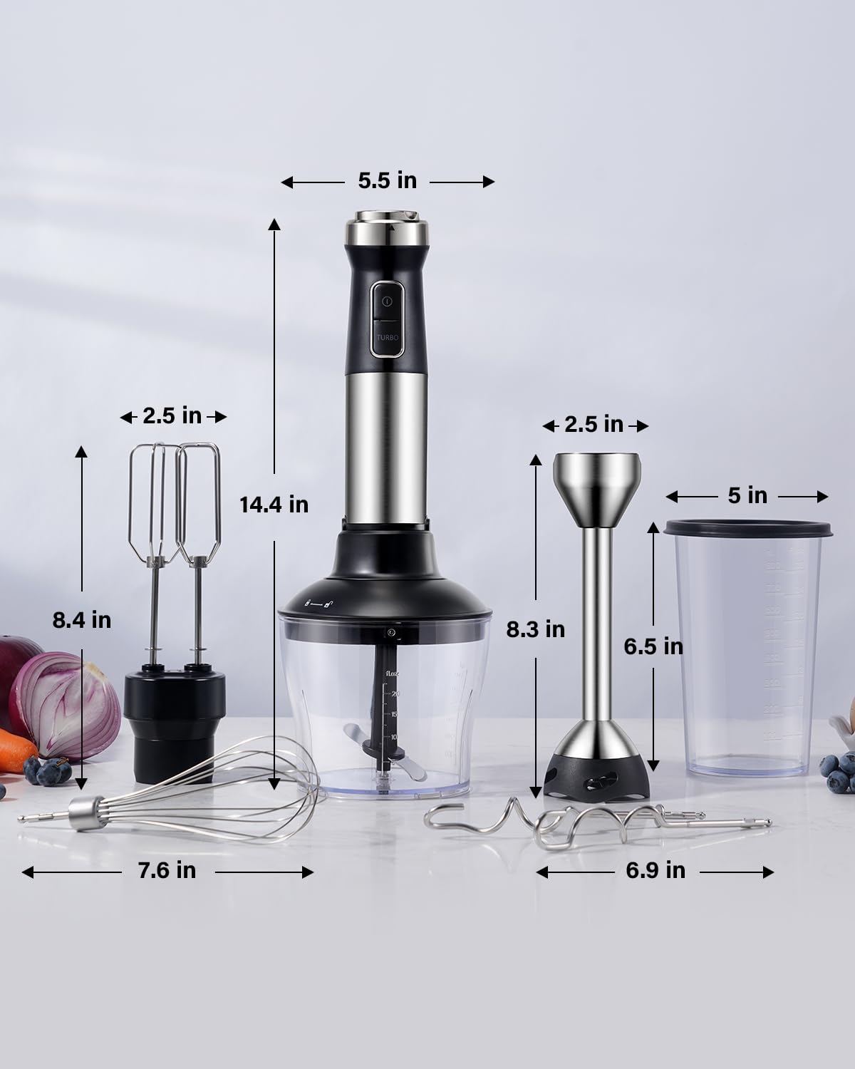 GDOR 6-in-1 Immersion Blender, 1000W Stainless Steel Scratch Resistant Immersion Blender Handheld with 20 Speeds, Hand Blender with Whisk, Chopper, Beaker, Egg Beaters and Dough Hooks, Black
