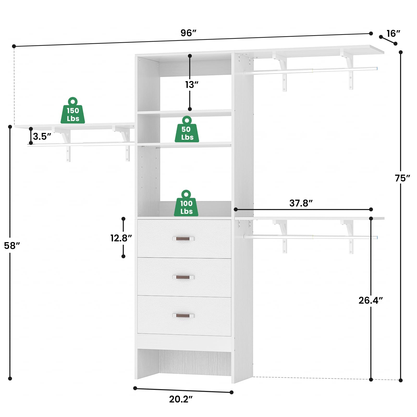Girapow 8 FT Closet System with 3 Wooden Drawers, Closet Organizer Storage System with Storage Shelves Cutable, Wall-mounted Closet System with 3 Adjustable Hanging Rods