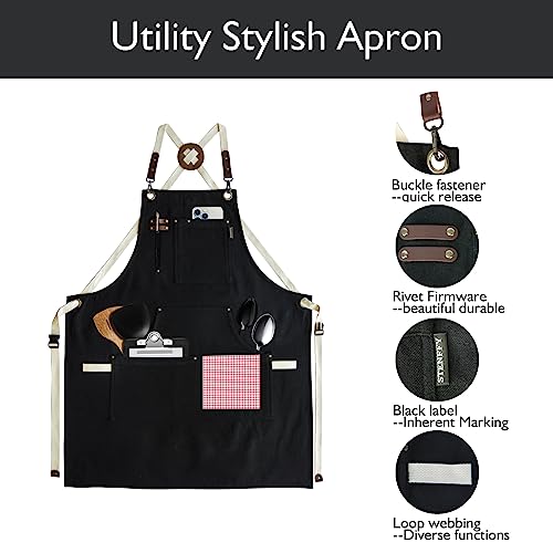 Stenffy Handmade Work Aprons,Cotton Canvas Aprons,Multiple Pockets,Adjustable Cross Back Weight Apron,BBQ,Cafe,Chef,Carpenter Apron,Aprons for Men&Women,Sizes M to XXL,Black Apron