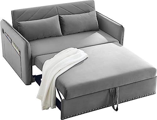 FULife 3-in-1 Convertible Sofa Pull-Out Sleeper,Adjustable Loveseat Futon Sofá Chair w/USB Charging Port,Reclining Backrests,Side Pockets&Pillows,Small Velvet 2 Seaters Lounge Couch, Gray Nailed Decor