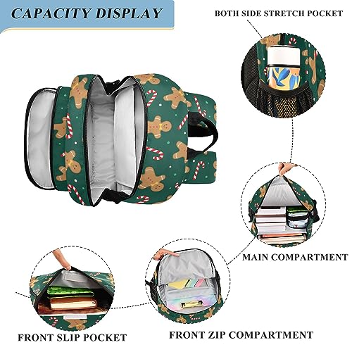 JHKKU Gingerbread Man Candy Cane School Backpack for Boys Girls Portable Wide Shoulder Strap Elementary School Bag Lightweight Travel Daypack with Reflective Strip