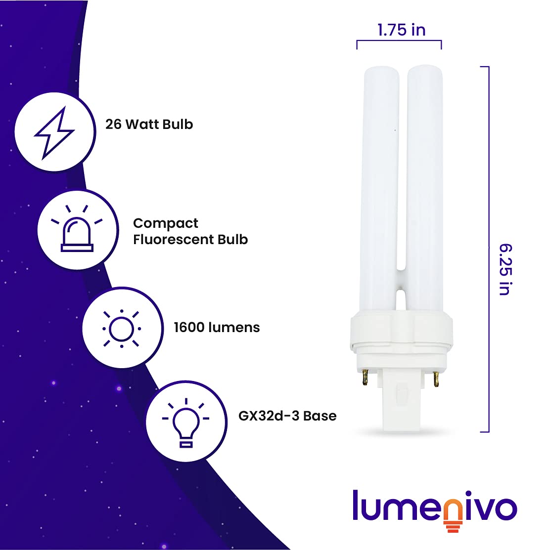 lumenivo Replacement Bulb for Philips PL-C15MM/28W/827 Philips PLC15mm 28w 27 GX32d-3 T4 Compact Fluorescent 2 pin Base - 2700K Warm White - 10000 Hours - 1600 Lumens