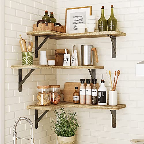 Fixwal Corner Floating Shelves, Wall Mounted Corner Shelf Set of 5, Rustic Wood Wall Shelves for Bathroom, Kitchen, Bedroom or Living Room (Carbonized Black)