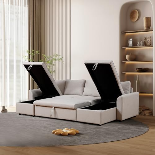 Eafurn Reversible Sleeper Sectional Sofa with Double Storage Chaise Lounge, U Shape Convertible Pull Out Couch Bed, 5 Seater Corner Sofabed Sofacama w/Throw Pillows for Living Room Office, Beige 113"
