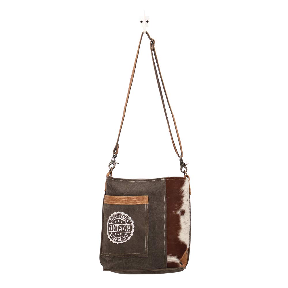 Myra Bag Vintage Stamp Upcycled Canvas & Cowhide Shoulder Bag S-1477