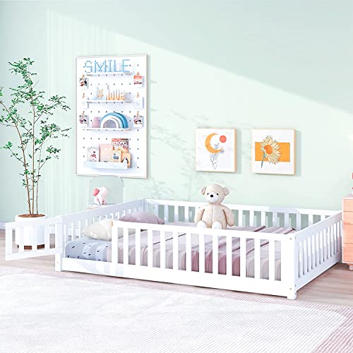 Full Floor Bed for Kids, Montessori Bed Frame with Fence-Shaped Guardrails, Support Slats and Door, Wood Floor Full Bed for Kids,Toddler,Boys Girls, No Box Spring Needed(White, Full Bed Frame)