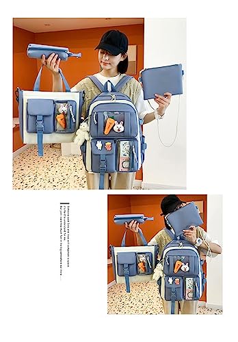 JHTPSLR Kawaii Backpack Set of 5 with Pins and Accessories Bunny and Carrot Plushies Cute Aesthetic Display Window Backpack Set (Blue)