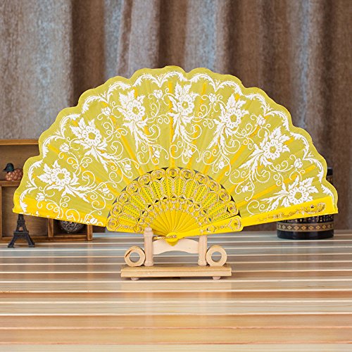 Dance Party Wedding Lace Hand Fan Chinese/Spanish Held Style Silk Flower Folding Tools & Home Improvement Honeycomb Balls Space (Yellow, One Size)
