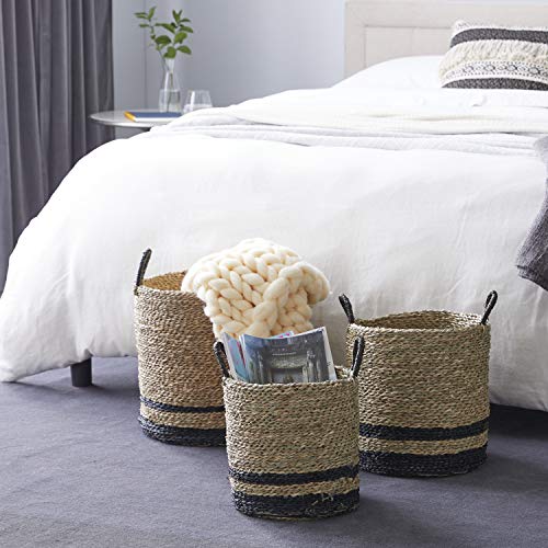 Deco 79 Seagrass Round Storage Basket with Handles, Set of 3 18", 17", 14"H, Black