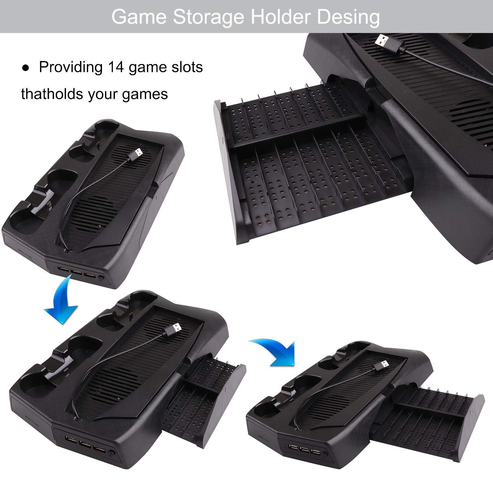 Cooling Fan Station Charging Dock Vertical Stand for PlayStation 5 PS5 with 3 USB Hubs, 2 DualSense Controller Charging Dock and 14 Games Slots
