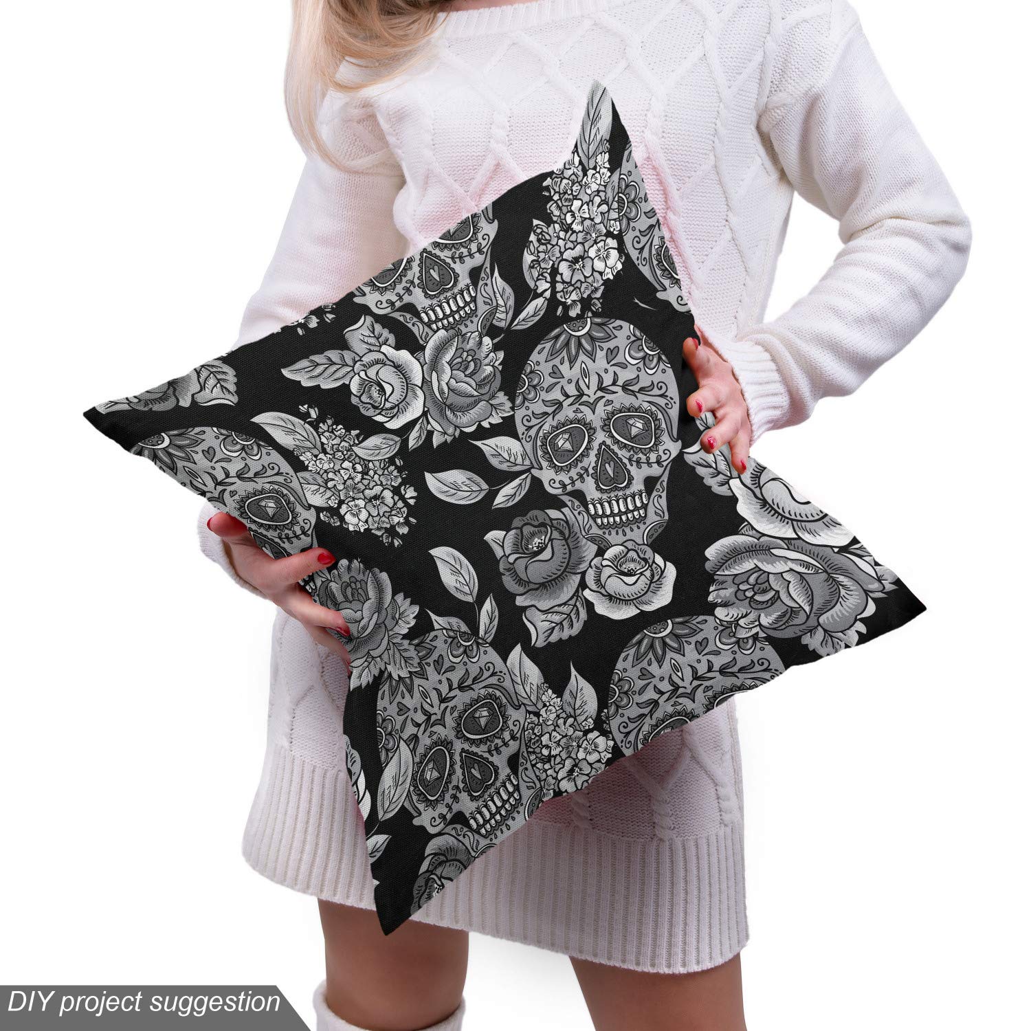 Lunarable Gothic Fabric by The Yard, Composition of Skeleton Skull Heads and Flowers Dark and Scary Details, Decorative Fabric for Upholstery and Home Accents, 1 Yard, Grey Charcoal