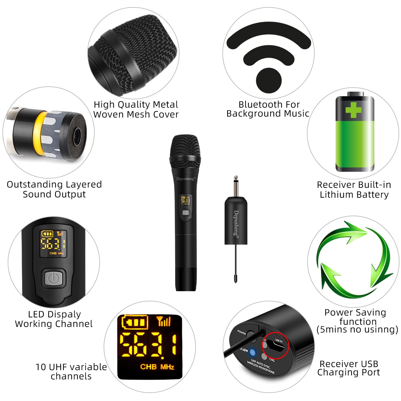 Depusheng W1 Wireless Microphone, Karaoke Mic, UHF Handheld Dynamic System with Rechargeable Receiver for Party, Church, Meeting, Wedding, 150ft, Black
