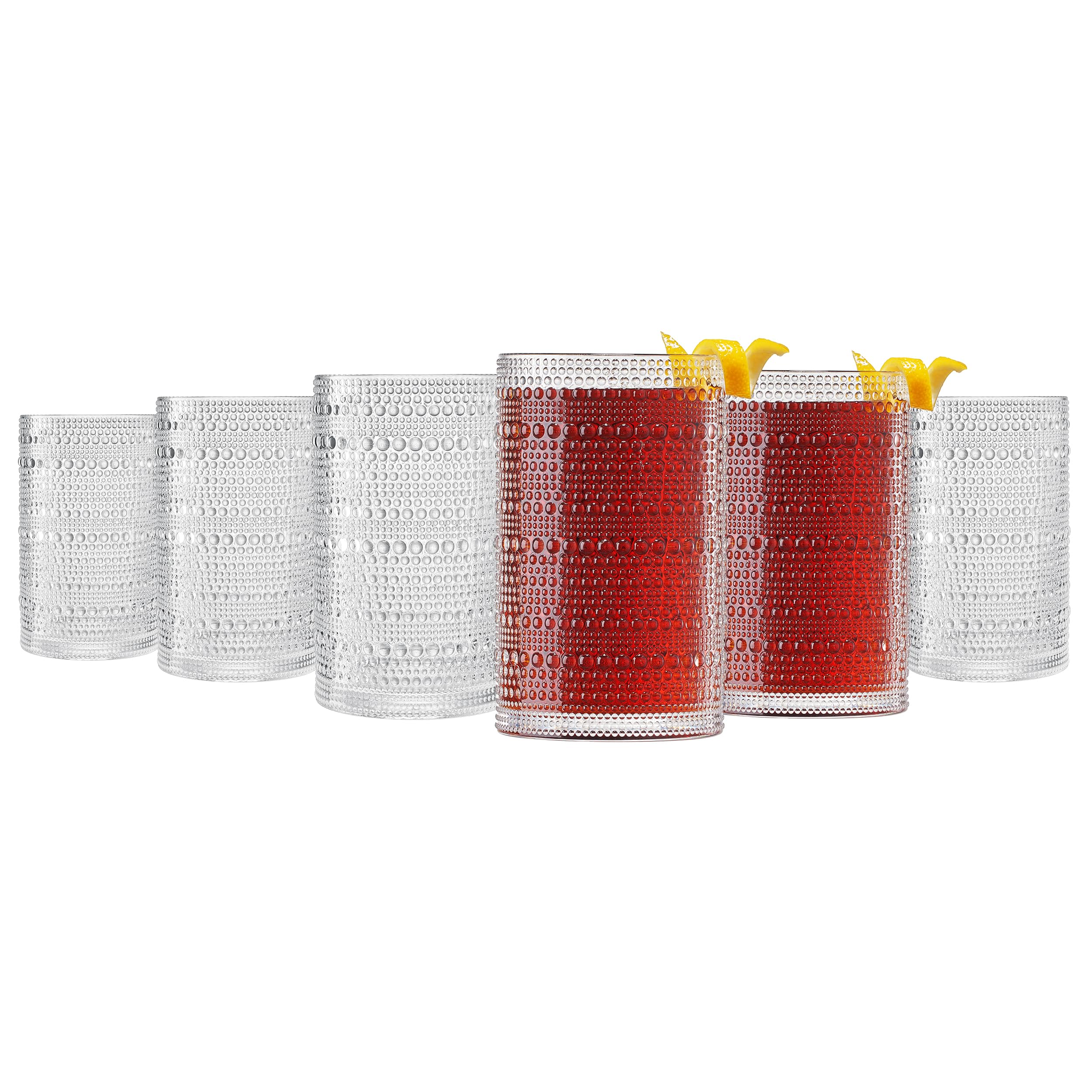 Classic Reusable Plastic Drinking Glasses, Hobnail Design, Shatterproof | 6 Set | Clear Tritan Highball, Acrylic Unbreakable Beaded Cups, Dishwasher Safe 13oz, Kitchen Cups, BPA-free, Indoor, Outdoor