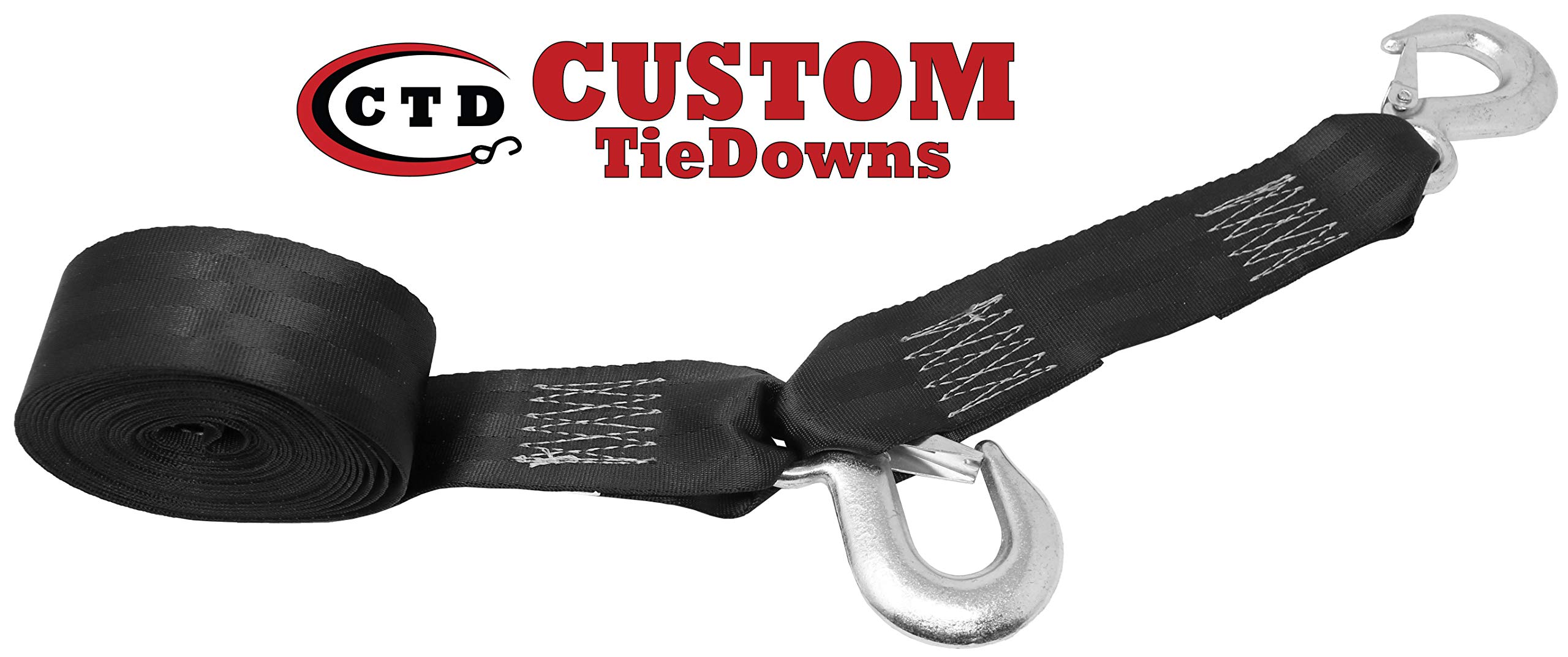 CustomTieDowns 2 Inch Wide Replacement Boat Winch Strap, Boat Hook On One End, 10 Inch Safety Strap with A Forged Snap Hook, 1 Inch Loop On Opposite End for Attachment to Winch, 1333 lb WLL (16 Feet.)