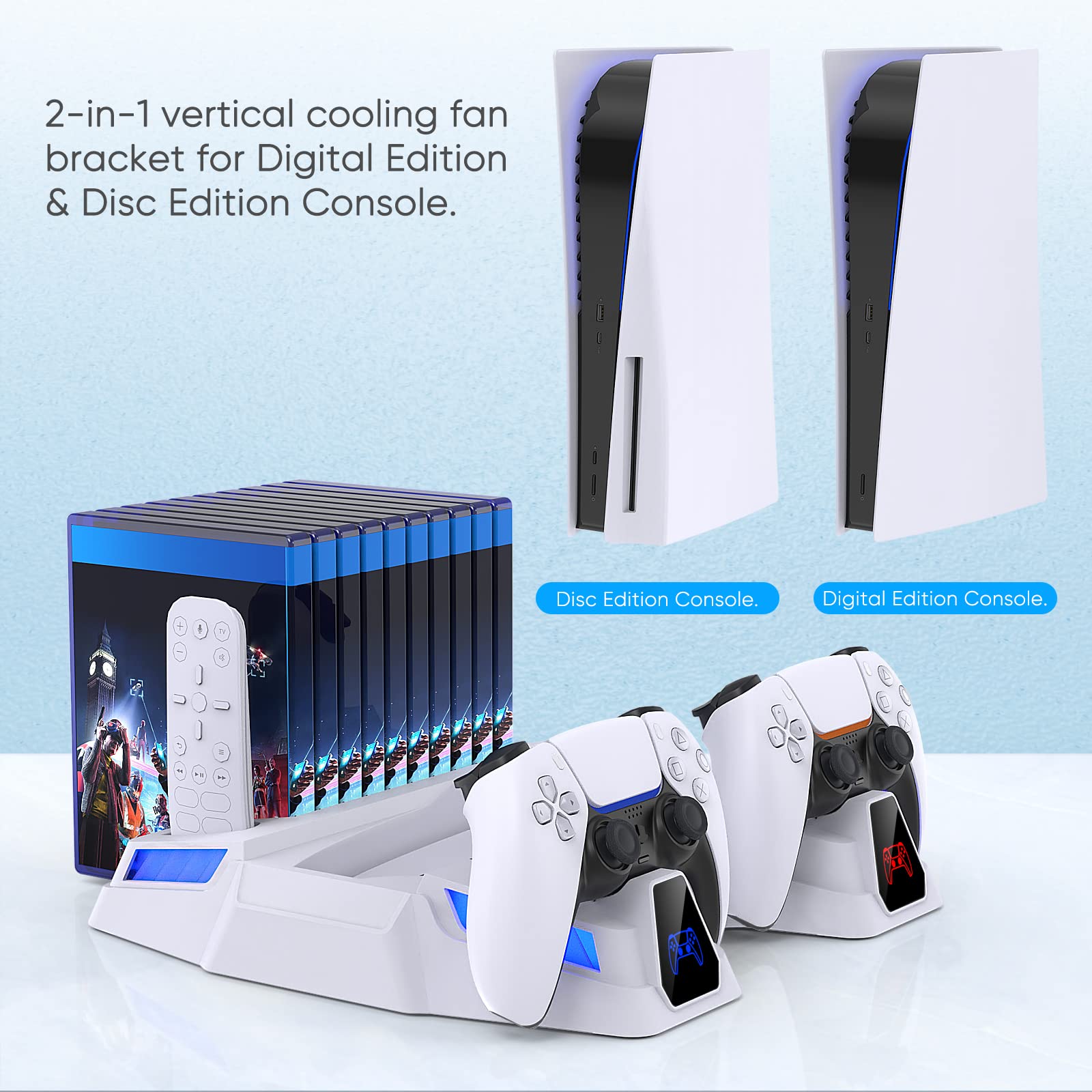 Cooling Station with Dual Controller Charger for PS5 Console, YUANHOT Stand with Cooling Fan and Controller Charging Ports Dock Accessories Compatible with Playstation 5 Digital and Disc Edition