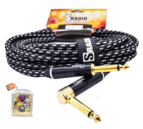 SRADIO Guitar Instrument Cable 10 Foot, AMP Cord Right Angle 1/4-Inch TS to Straight 1/4-Inch TS Guitar Cable 10FT with Gray Tweed Cloth for Electric Guitar，Bass，Keyboard