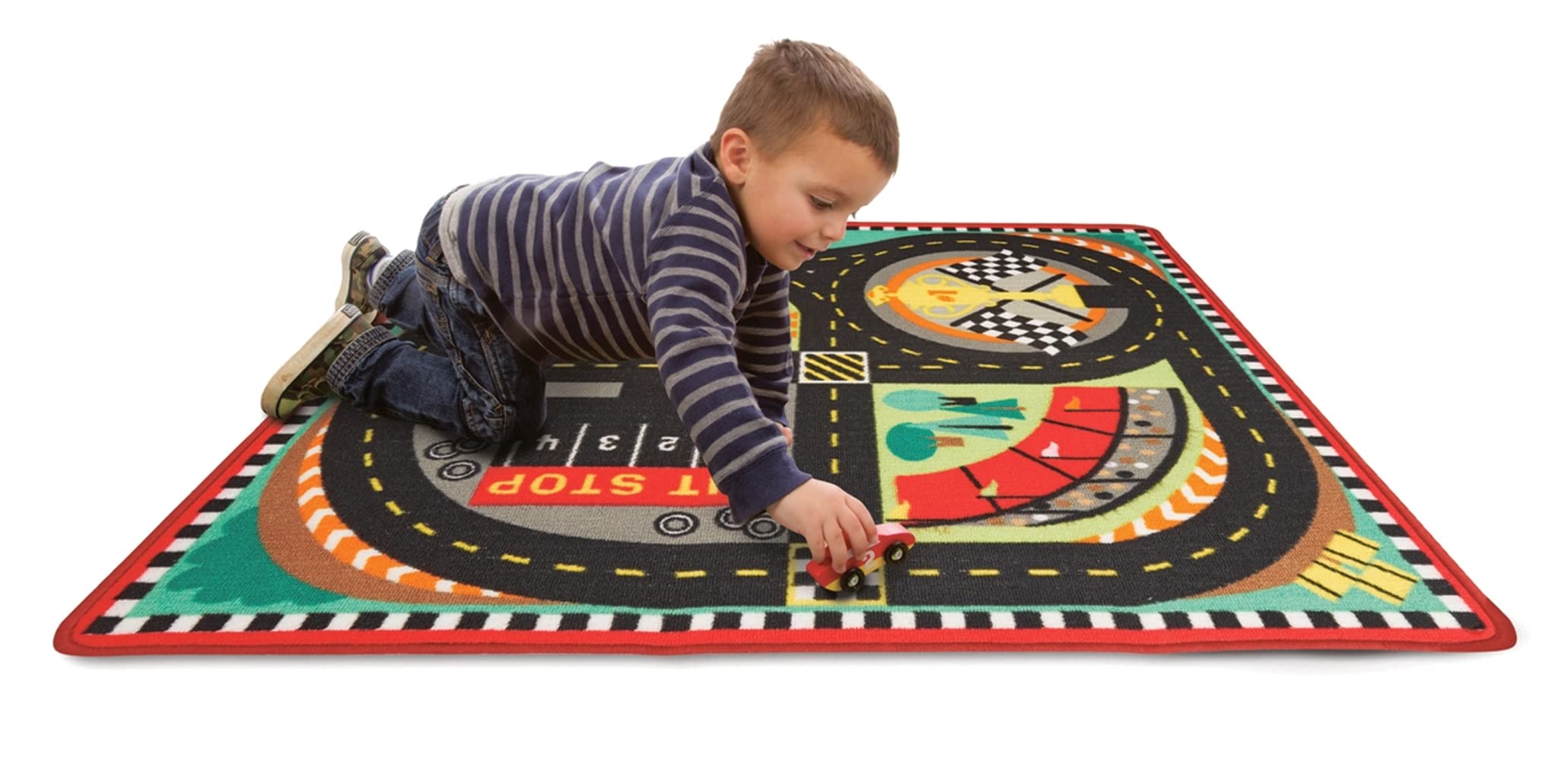 Melissa & Doug Round the Speedway Race Track Rug With 4 Race Cars (39 x 36 inches) , Black