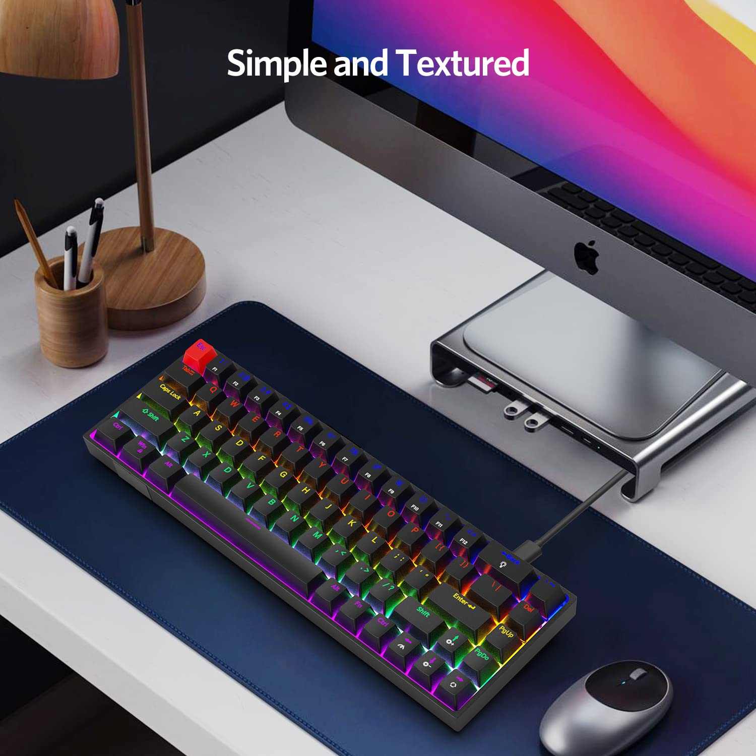 TEWELL 68 Keys Wired Compact Mechanical Gaming Keyboard with Audible Click Sound Blue Switches, Rainbow Backlit Portable Computer Keyboard for Windows Gaming PC