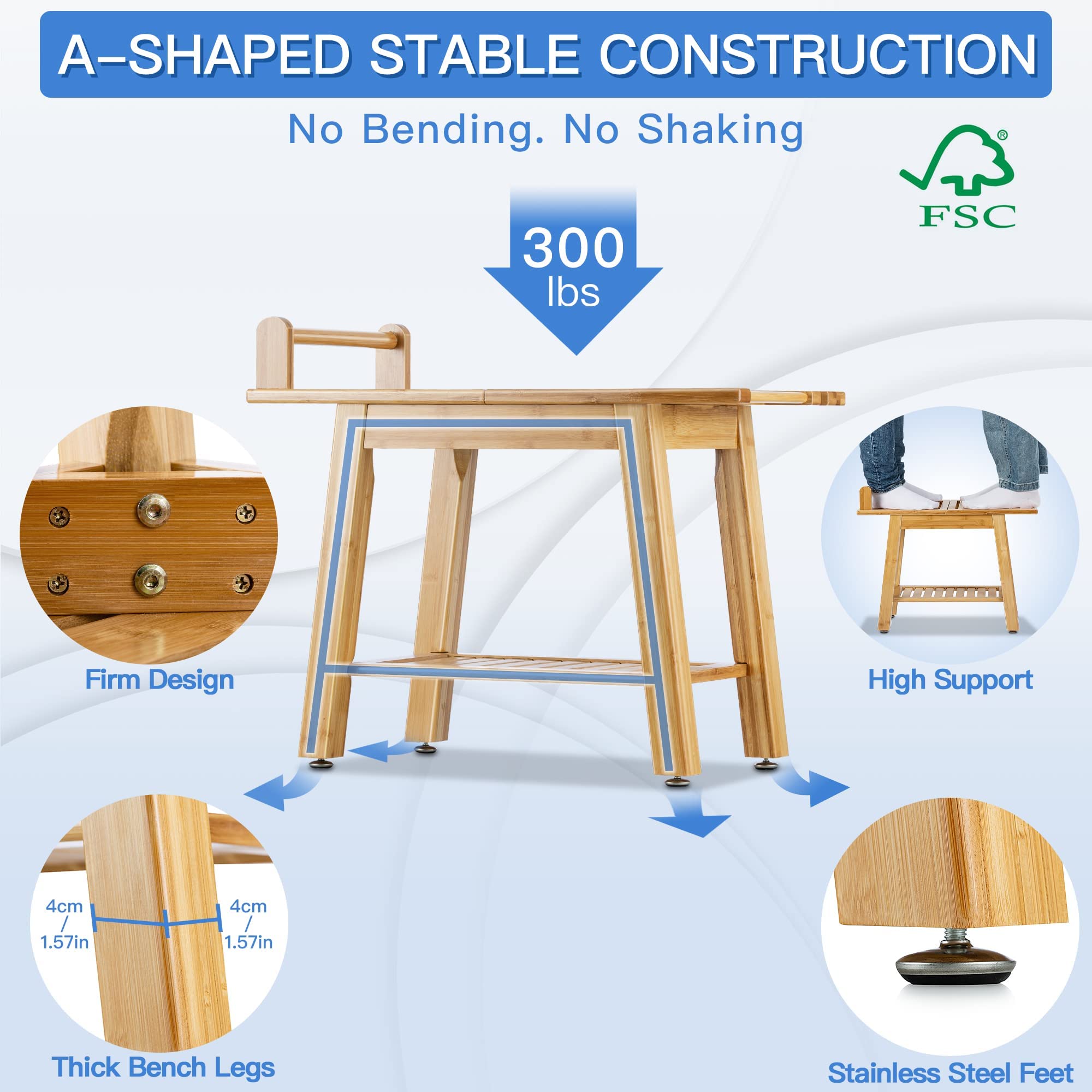 ETECHMART 2-Tier Bamboo Shower Bench, 24 Inch Spa Stool with Storage Shelf for Inside Shower Legs Shaving, Entryway or Bathroom, A-Shaped Shower Bath Seat for Seniors Adults Disabled Women, Natural+Ba
