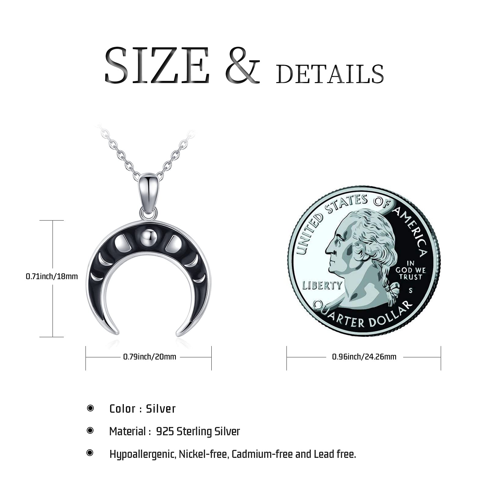 CHENGHONG Moon Phase Necklace 925 Sterling Silver Cresent Moon Necklace Moon Charm Jewelry Gifts for Women Men