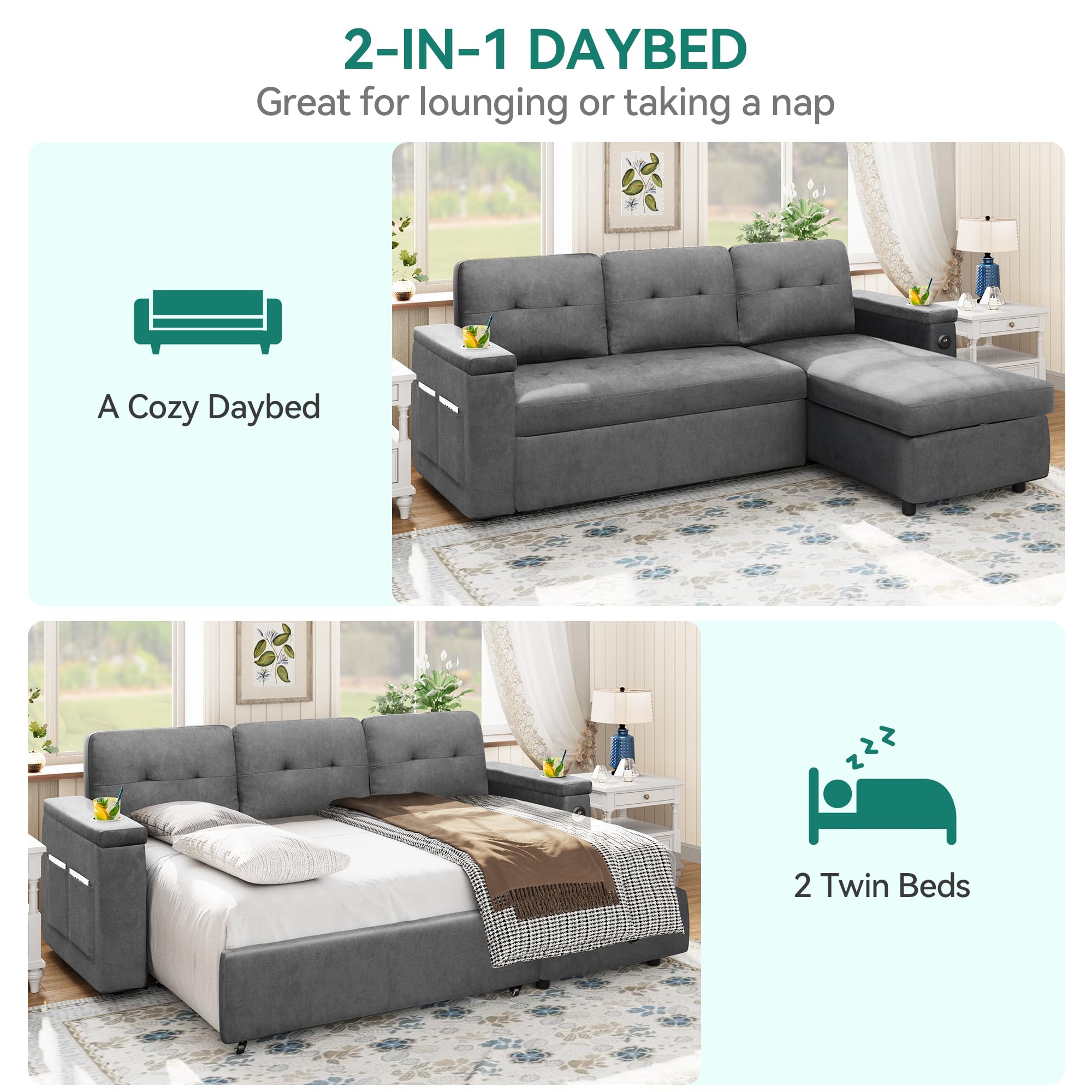DWVO L-Shaped Sectional Sofa Bed, Sleeper Sofa with Pullout Couch, USB Ports, and Storage Chaise - Reversible Sleeper Couch for Small Apartments, Living Room Gray