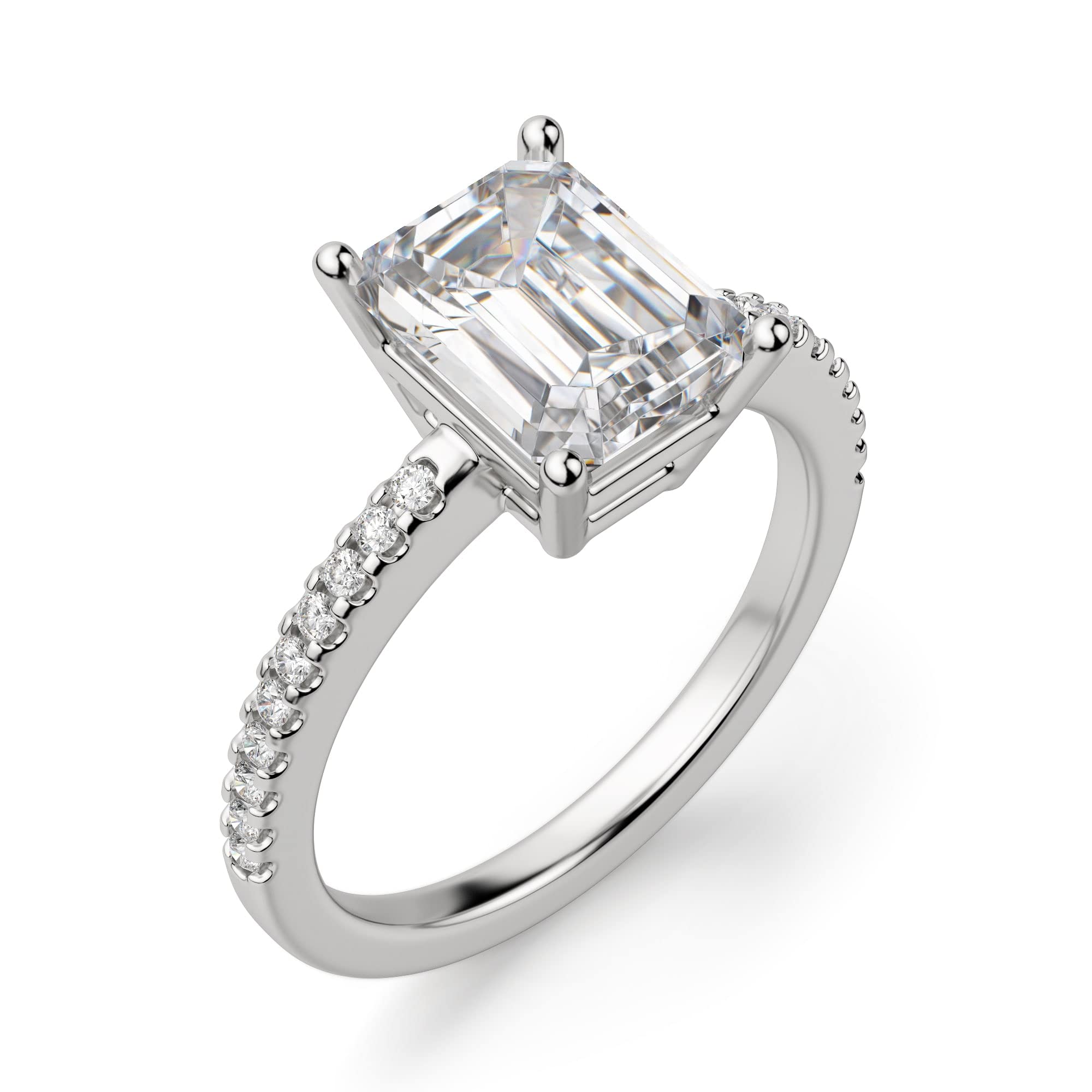 Diamond Nexus Moissanite Basket Set Accented Emerald cut Engagement Ring 1 Ct. DEW Center Emerald Cut Wedding Jewelry, F-G Color, VVS 1 Clarity, Solid 14K White Gold, Ring Size 4