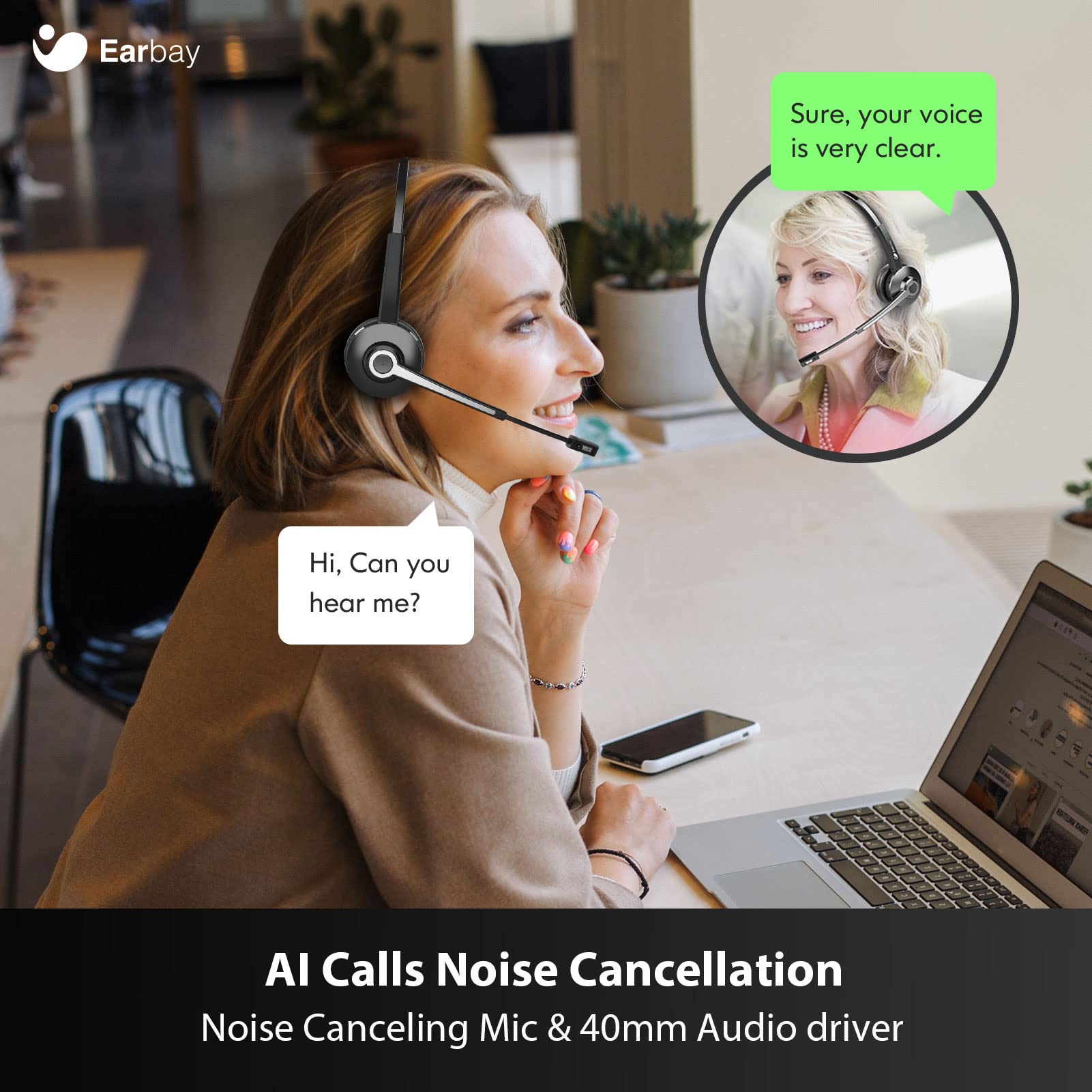 Earbay Wireless Headset, Bluetooth Headset with Microphone Noise Cancelling & Mute, Wireless Headphones with 28h Talk Time for Work,White Computer Headset for Office Skype Zoom Call Center