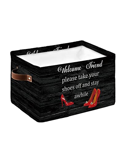 Cube Storage Bins Cloth Towel Organizer Welcome Friend Please Take Your Shoes off and Stay Awhile Red High Heels Black Wooden Fabric Collapsible Storage Baskets with Handles 1 Pack