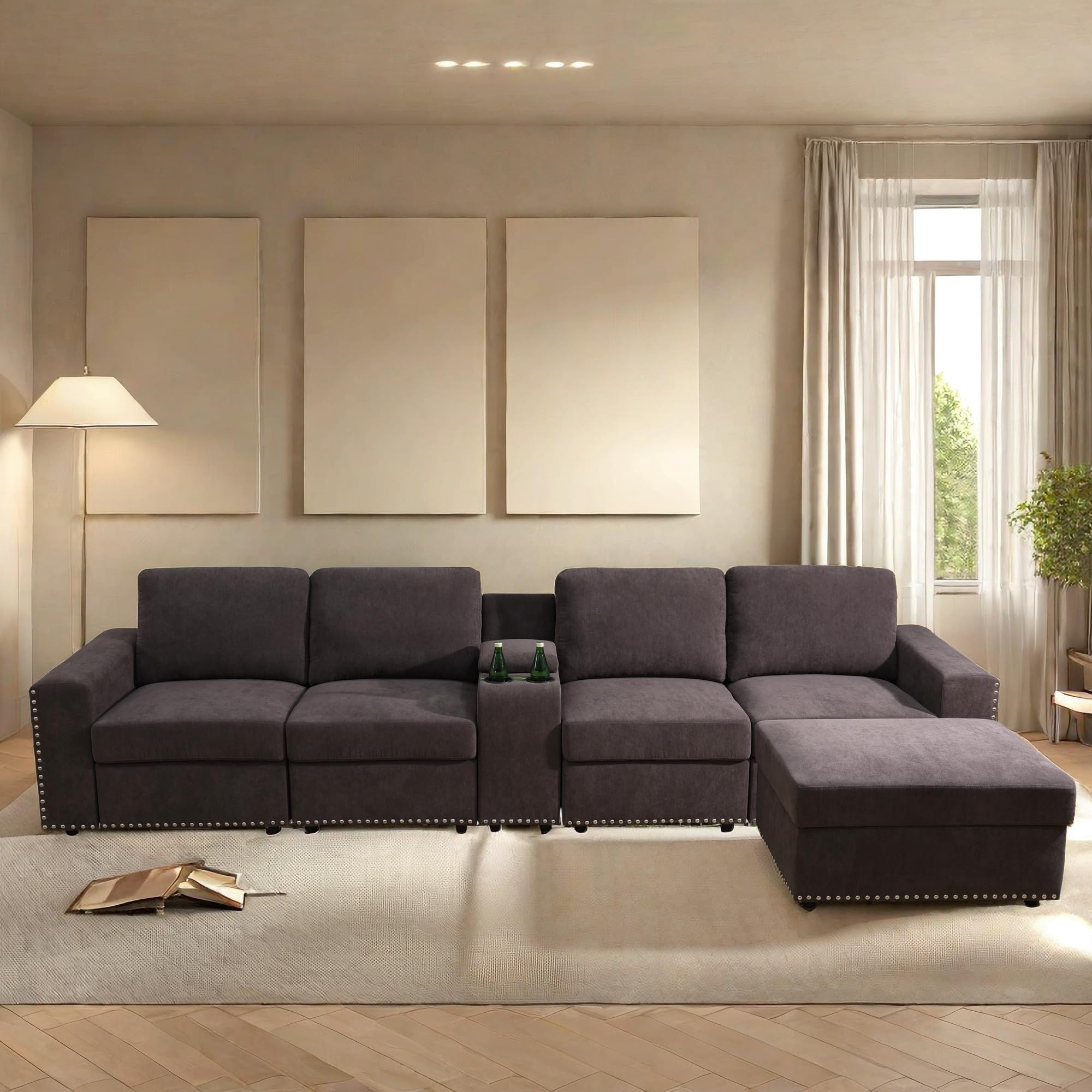 GlasFlength Sectional Sofa Couches for Living Room with Ottoman, Nail-Head Design Linen Right Facing U-Shaped Modern Couches with Cup Holder, Bedroom, Office