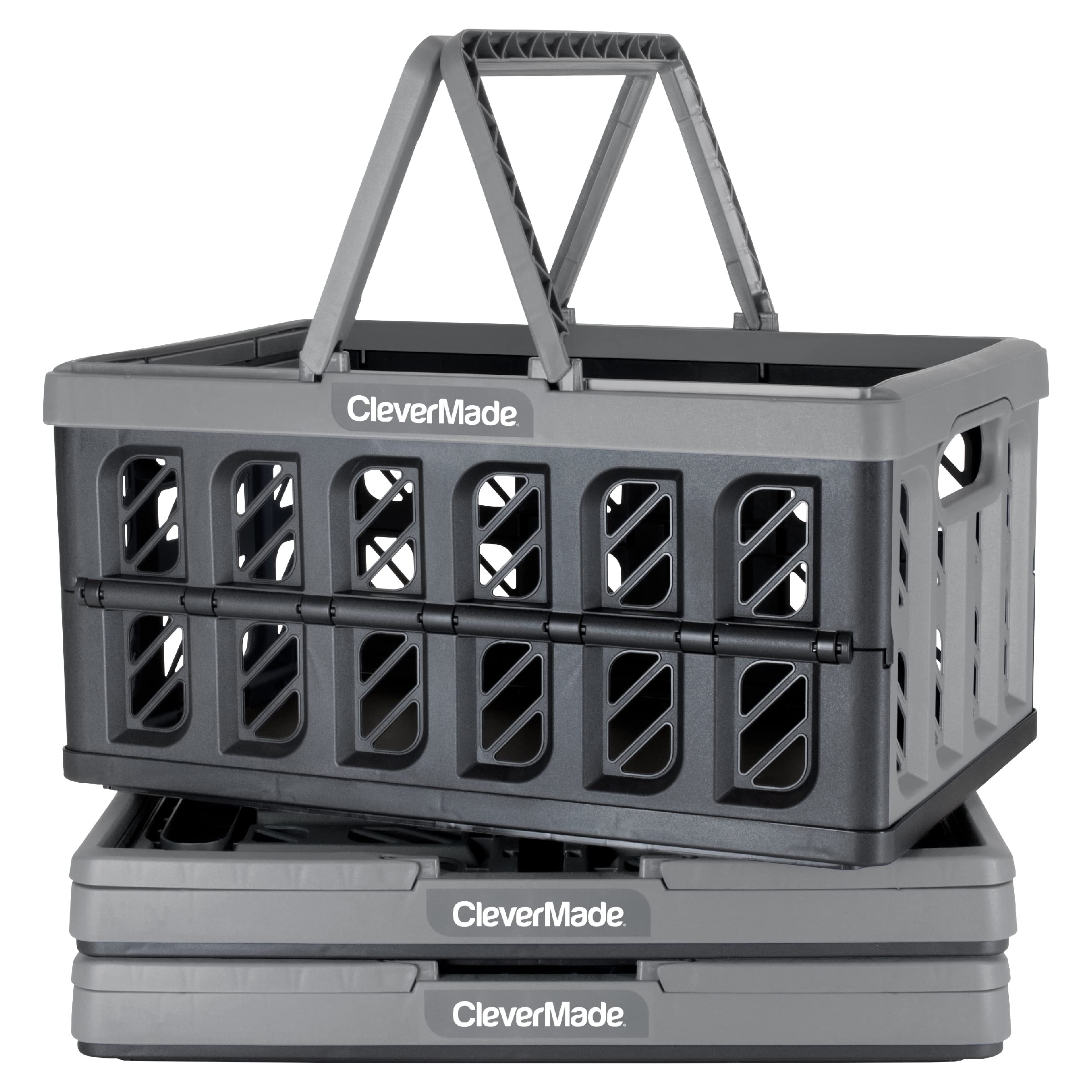 CleverMade Eco 24L Collapsible Reusable Plastic Grocery Shopping Baskets & Collapsible Milk Crates, 25L Plastic Stackable Storage Bins CleverCrates Utility Folding Baskets, Pack of 3, Black