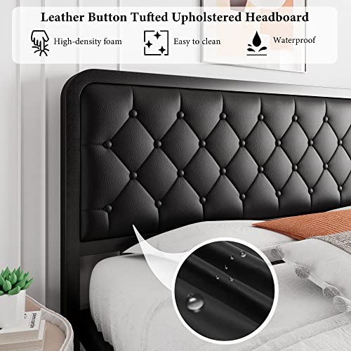 iPormis Queen Size Metal Bed Frame with Faux Leather Headboard, Curved Platform Bed Frame, Thicker Metal Steel Slats Support, 12'' Under-Bed Space, Noise-Free, Easy Assembly, Black