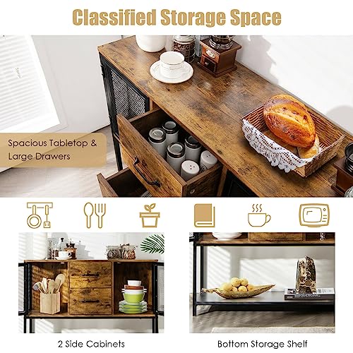 QZWCQ Buffet Storage Cabinet, 39" Kitchen Sideboard with Open Shelf, Industrial Buffet Sideboard Kitchen Cupboard with Metal Mesh Doors & 2 Drawers for Kitchen Hallway Entry Living Room Dining Room