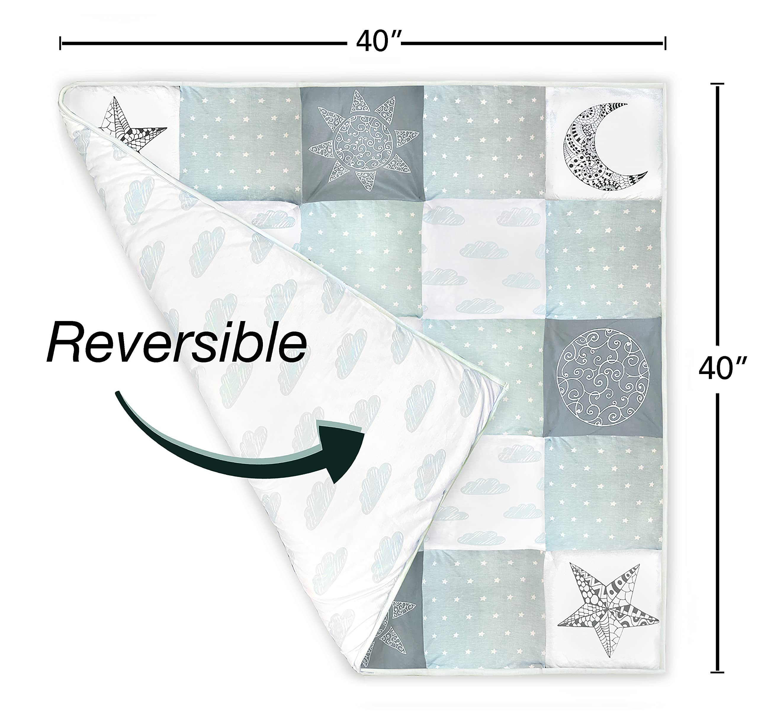 Cambria Baby Organic Cotton Baby Quilt. Thick Comforter Blanket with Thermal Polyester Batting. Neutral Patterns for Boys and Girls. Machine Washable. (Gray and Sage Sky)