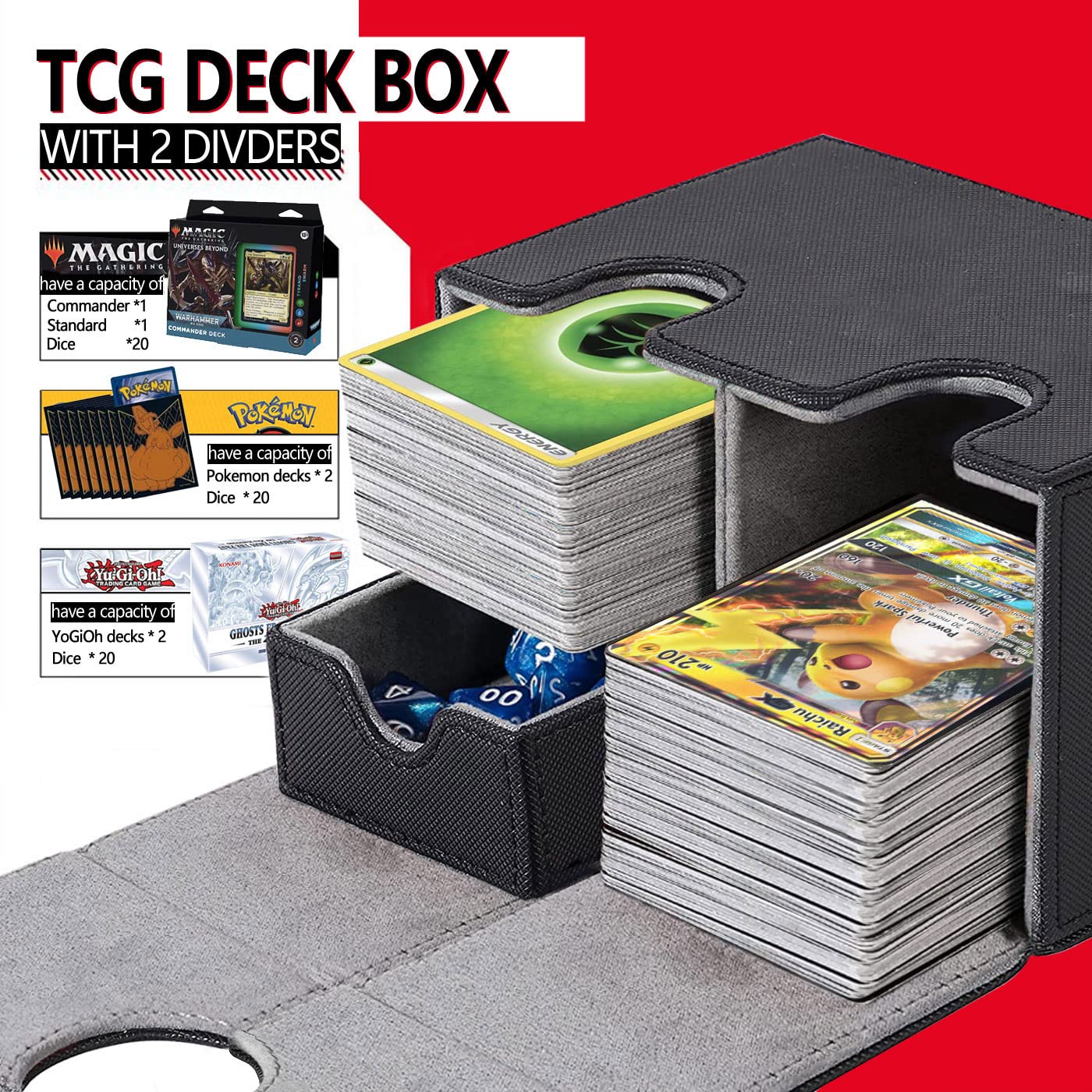Scimi Large Premium Double Deck Case Box for 200+ Sleeved Cards Case Large Twin Flip Deck Case with Dice Tray Fits MTG/TCG/CCG (Black)