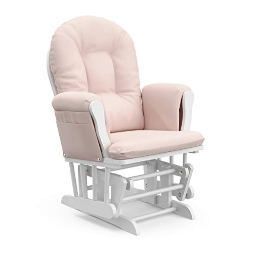 Storkcraft Premium Hoop Glider and Ottoman (White Base, Pink Cushion) – Padded Cushions with Storage Pocket, Smooth Rocking Motion, Easy to Assemble, Solid Hardwood Base