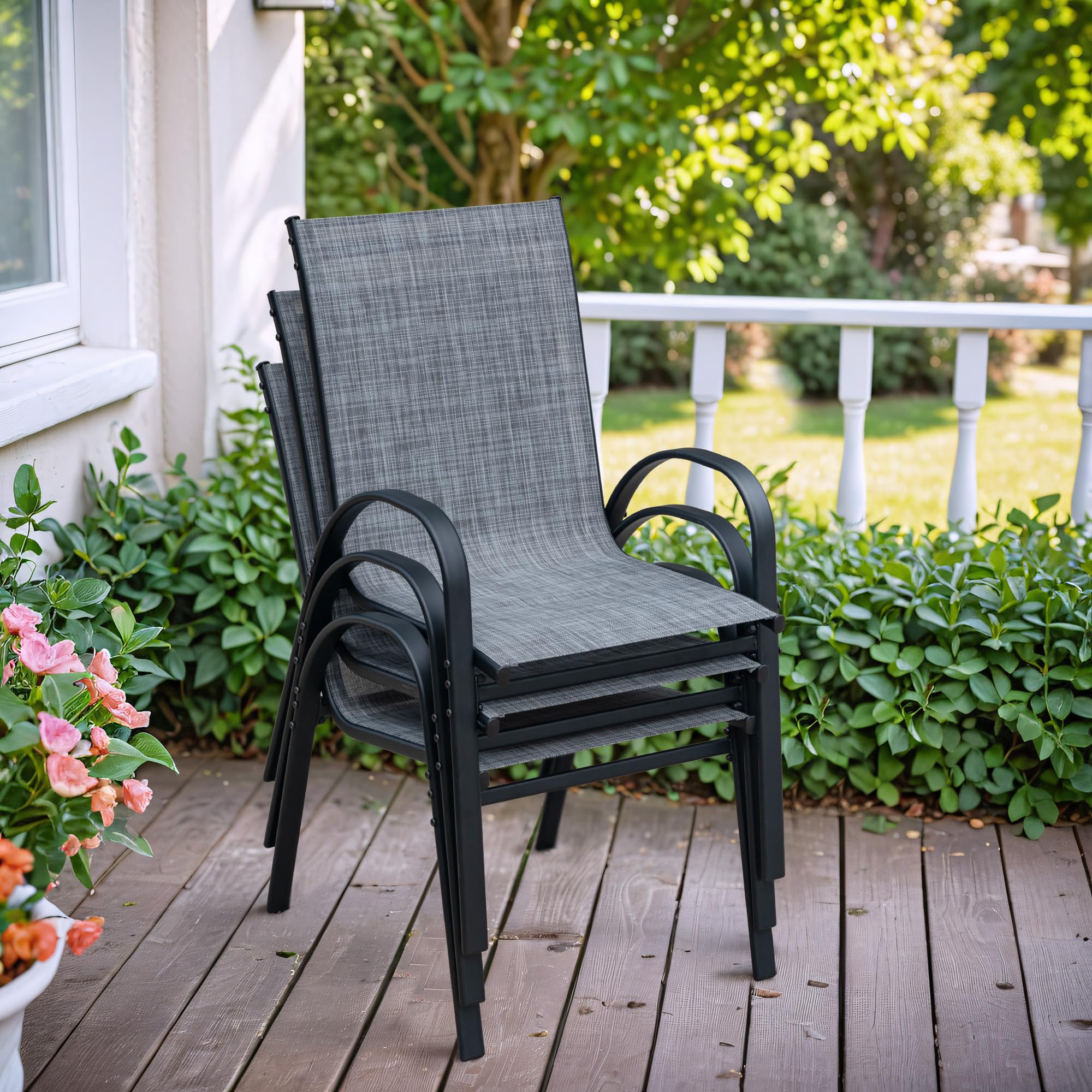 Flamaker Patio Chairs Stackable Dining Chairs Set of 4 Metal and Teslin Outdoor Chairs for Lawn Deck Balcony Porch (Grey)