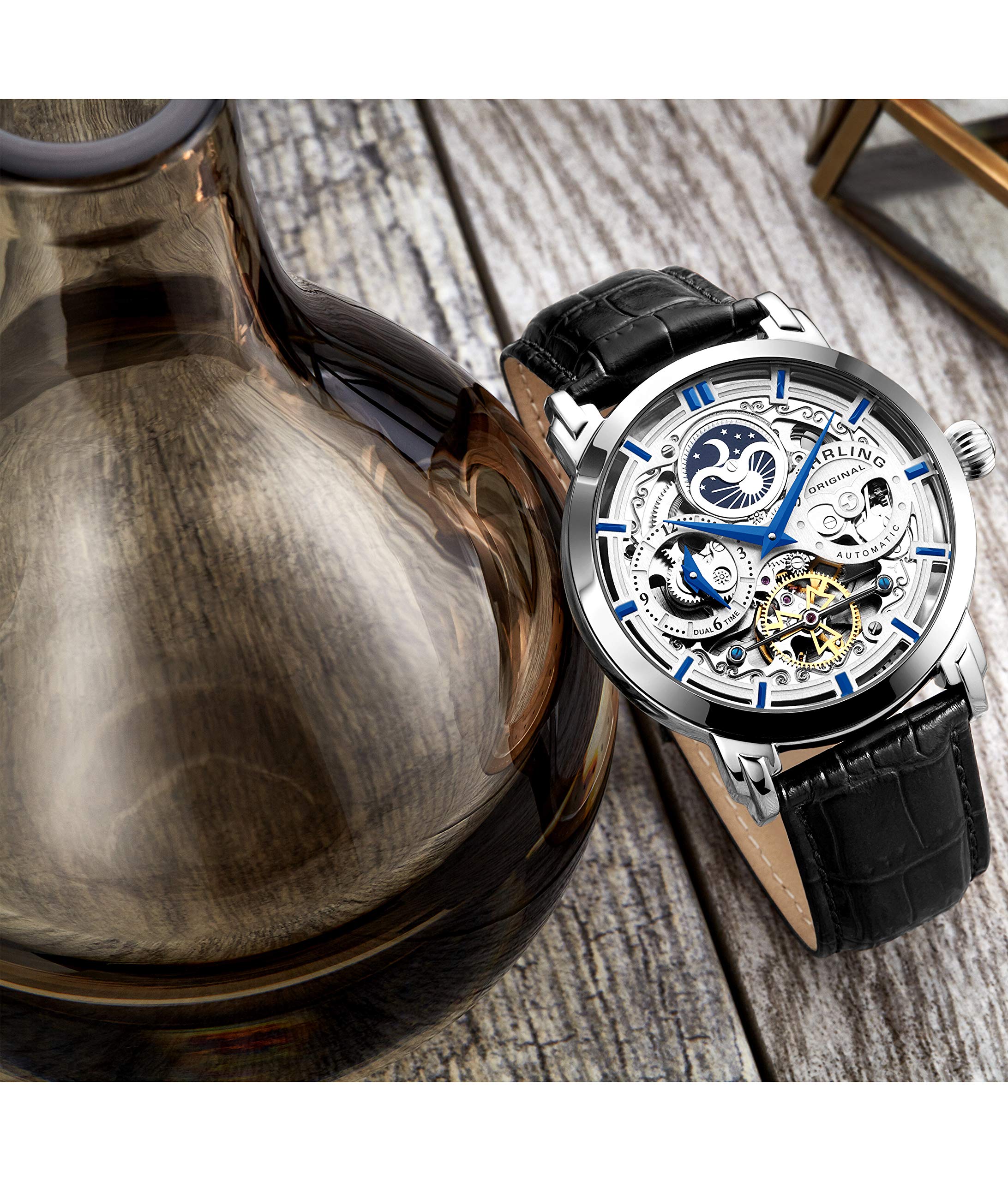 Stuhrling Original Legacy Men's Automatic Watch Stainless Steel 46 MM Case Genuine Leather Strap Watch Black (Silver)