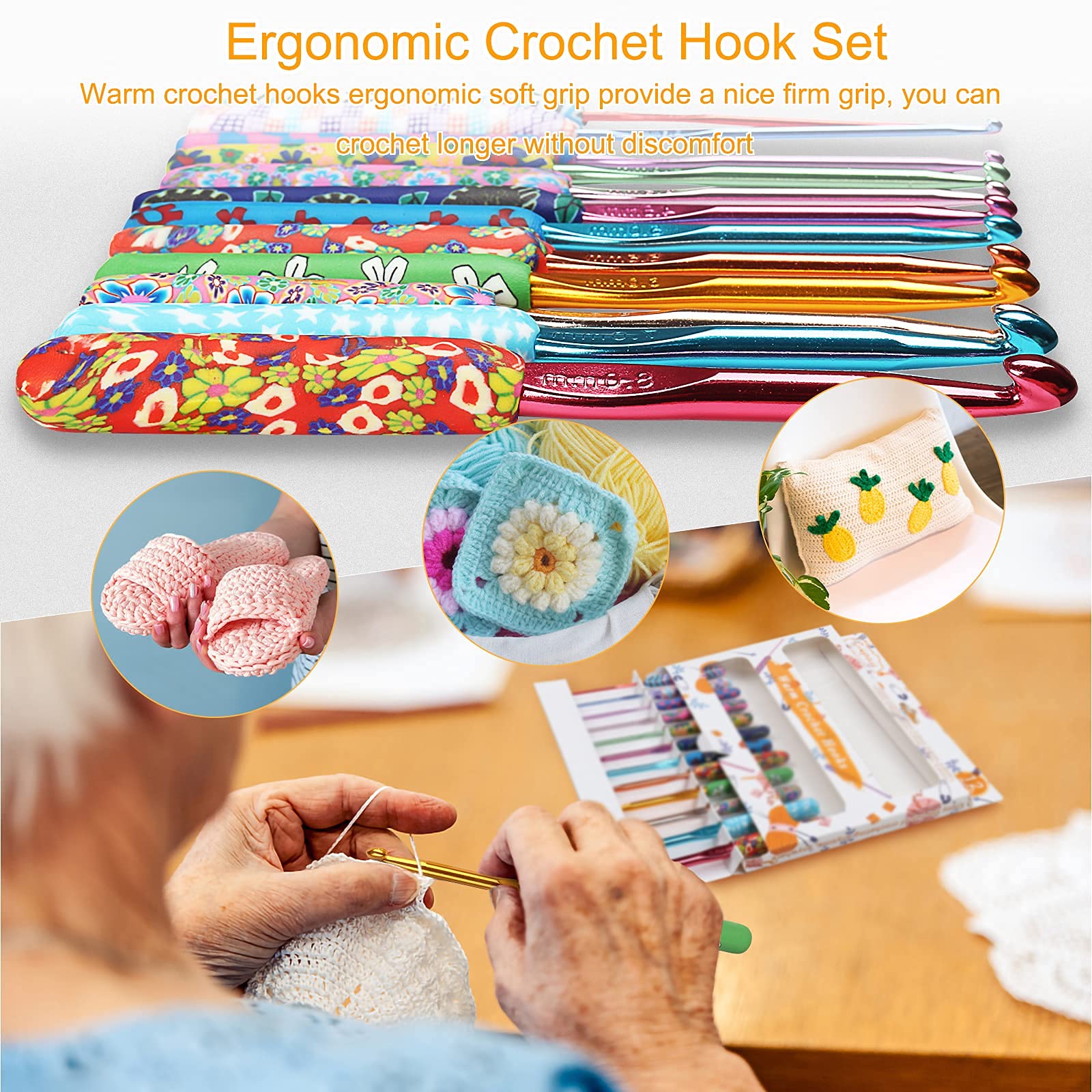Coopay 12PCS Warm Crochet Hooks Plus & 8PCS Blue Porcelain Pattern Ergonomic Handle Crochet Needles, Crochet Kit Crochet Hook Set Ergonomic Soft Grip Crochet Needles Ideal Knitting Crochet Supplies