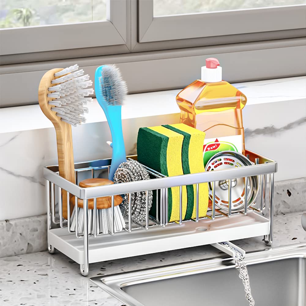 DMJWAN Kitchen Sink Caddy Sponge Holder Sink Caddy Organizer, 304 Stainless Steel Holder for Sink,Countertop with Removable Drain Tray with Diversion Drainage